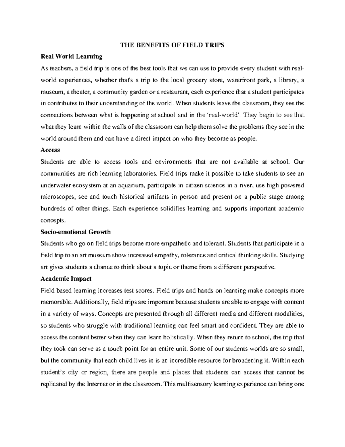 The Benefits Of Field Trips-1 - B ed physical science - UoK - Studocu