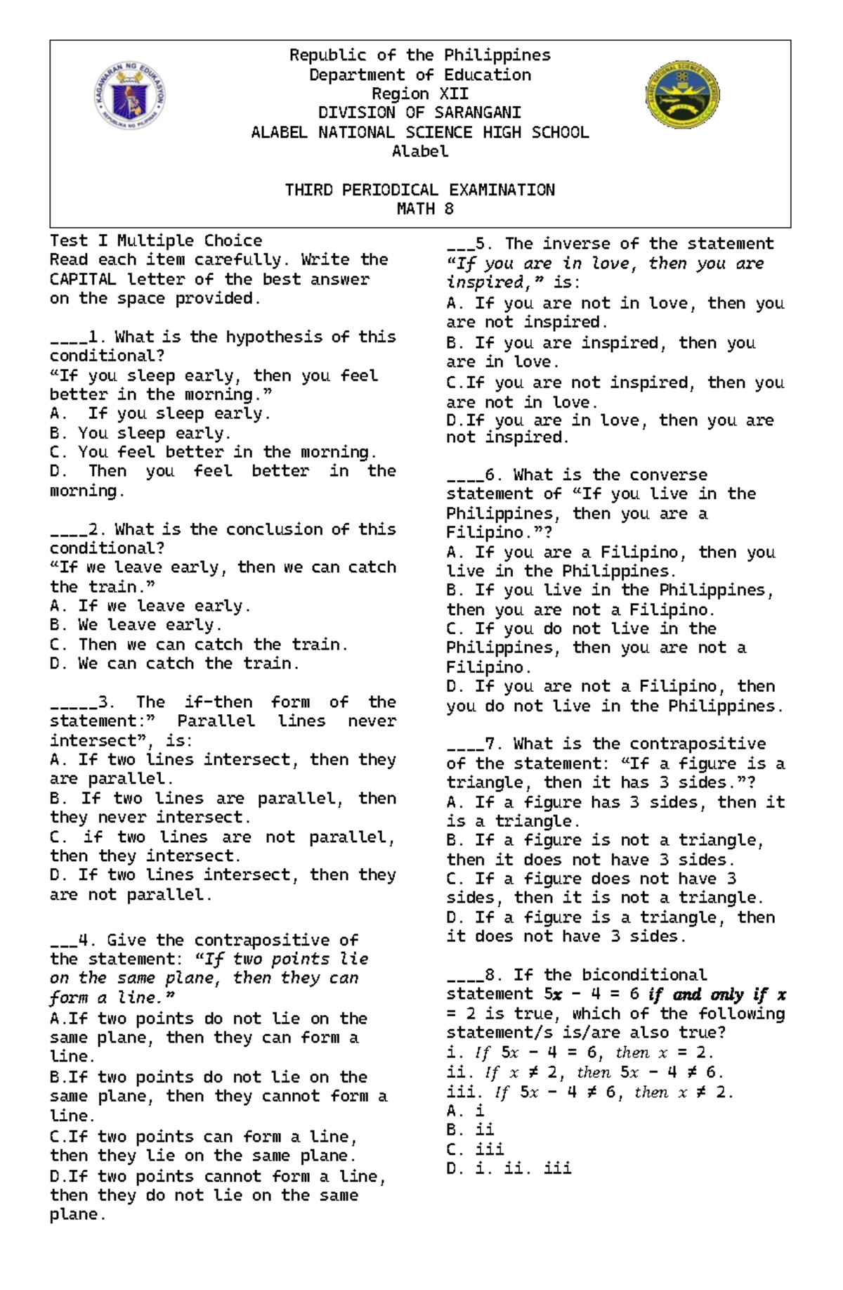 Third Periodical EXAM IN MATH 8 - Test I Multiple Choice Read each item ...