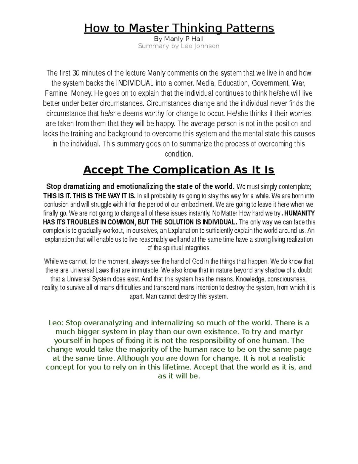 How to Master Thinking Patterns - By Manly P Hall Summary by Leo ...