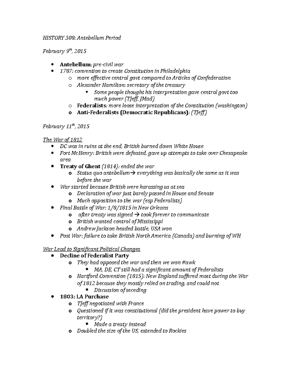 History 308 Notes - HISTORY 308: Antebellum Period February 9th, 2015 ...