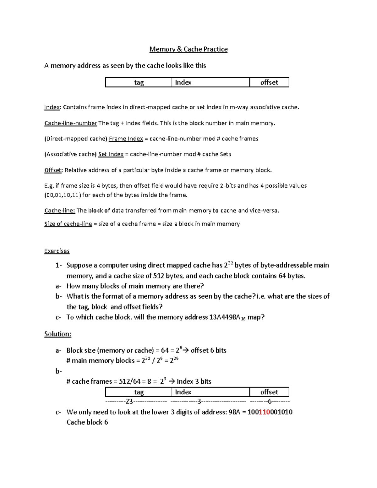 Tutorial 11 COMP 5201 Probst - Memory & Cache Practice A memory address as seen by the cache ...