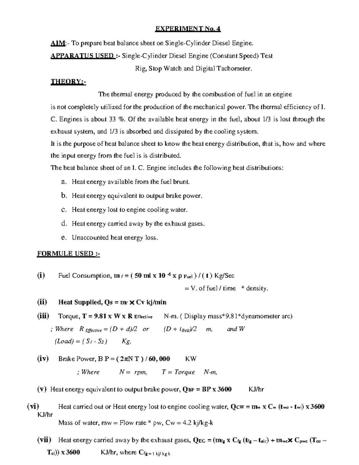 Experiment No 04 - EXPERIMENT No. 4 AIM:- To prepare heat balance sheet on Single-Cylinder ...