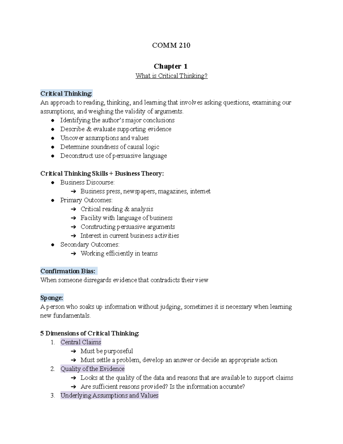 COMM 210 Class Notes - COMM 210 Chapter 1 What is Critical Thinking ...