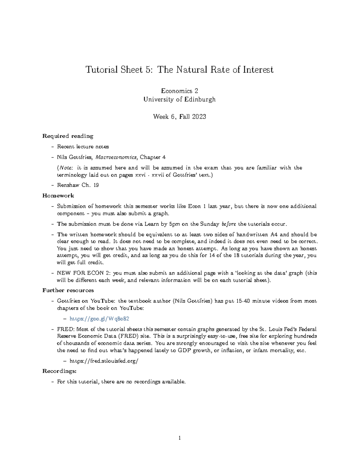 Tutorial 5 Questions - Tutorial Sheet 5: The Natural Rate of Interest Economics 2 University of ...