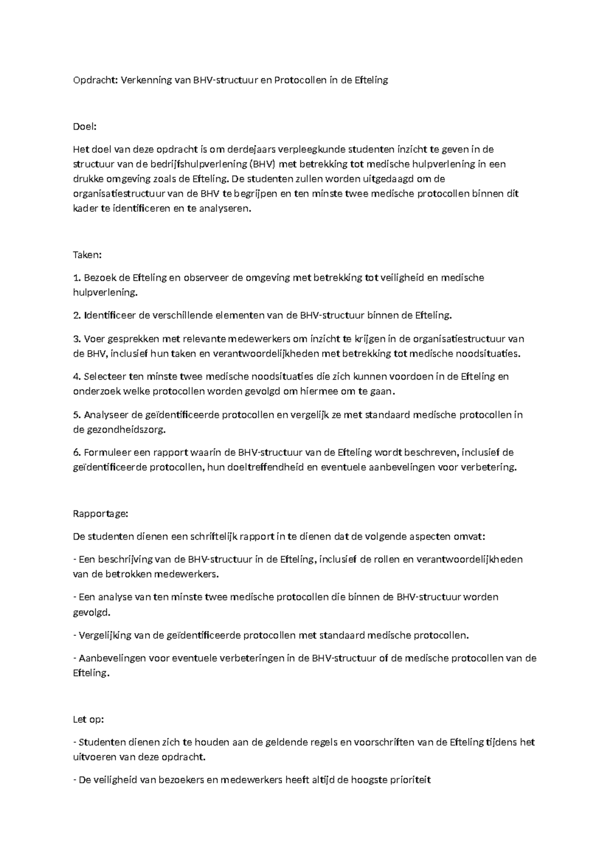 Opdracht Efteling - Opdracht: Verkenning van BHV-structuur en ...