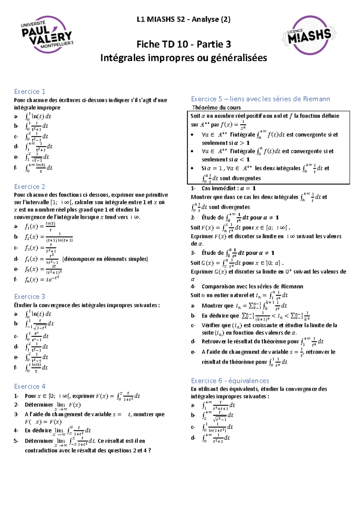 ANA2-TD10 - td10 - L1 MIASHS S 2 - Analyse ( 2 ) Fiche TD 10 - Partie 3 Intégrales impropres ou ...