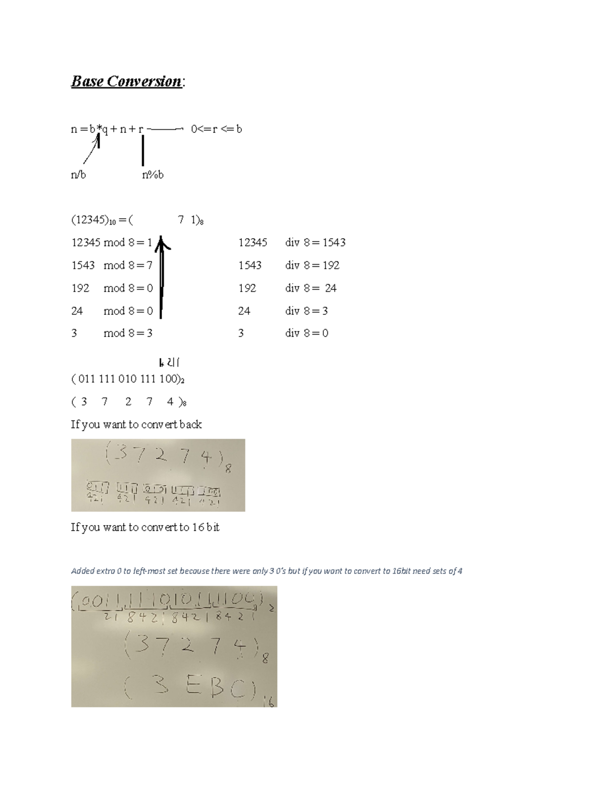 Number Theories - Base Conversion: n = b*q + n + r 0