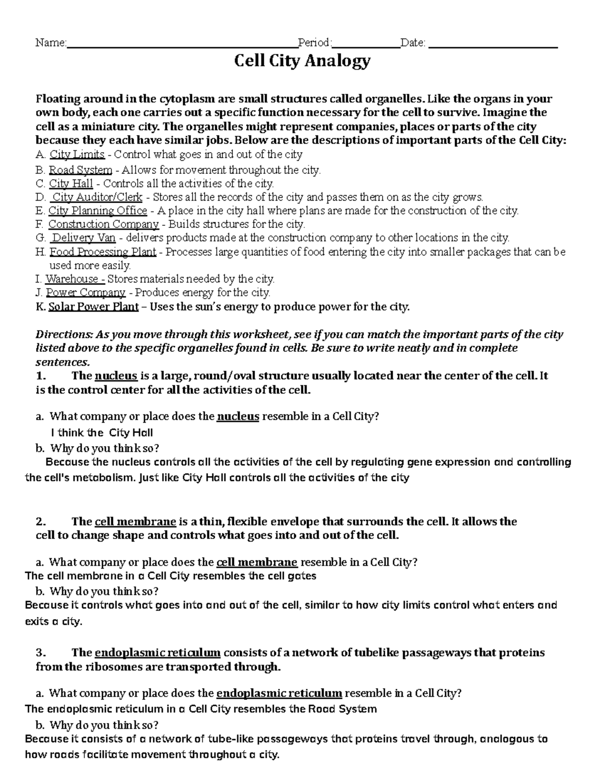 Copy of Cell City Questions - Name: Period: Date: Cell City Analogy ...