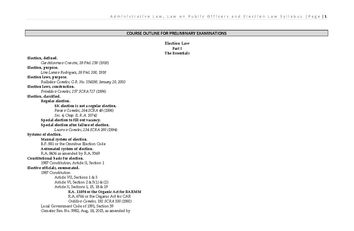 2023- Syllabus - COURSE OUTLINE FOR PRELIMINARY EXAMINATIONS Election ...