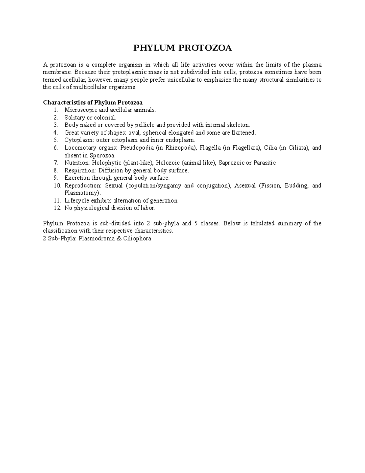 Phylum Protozoa - Lecture notes 1 - PHYLUM PROTOZOA A protozoan is a ...