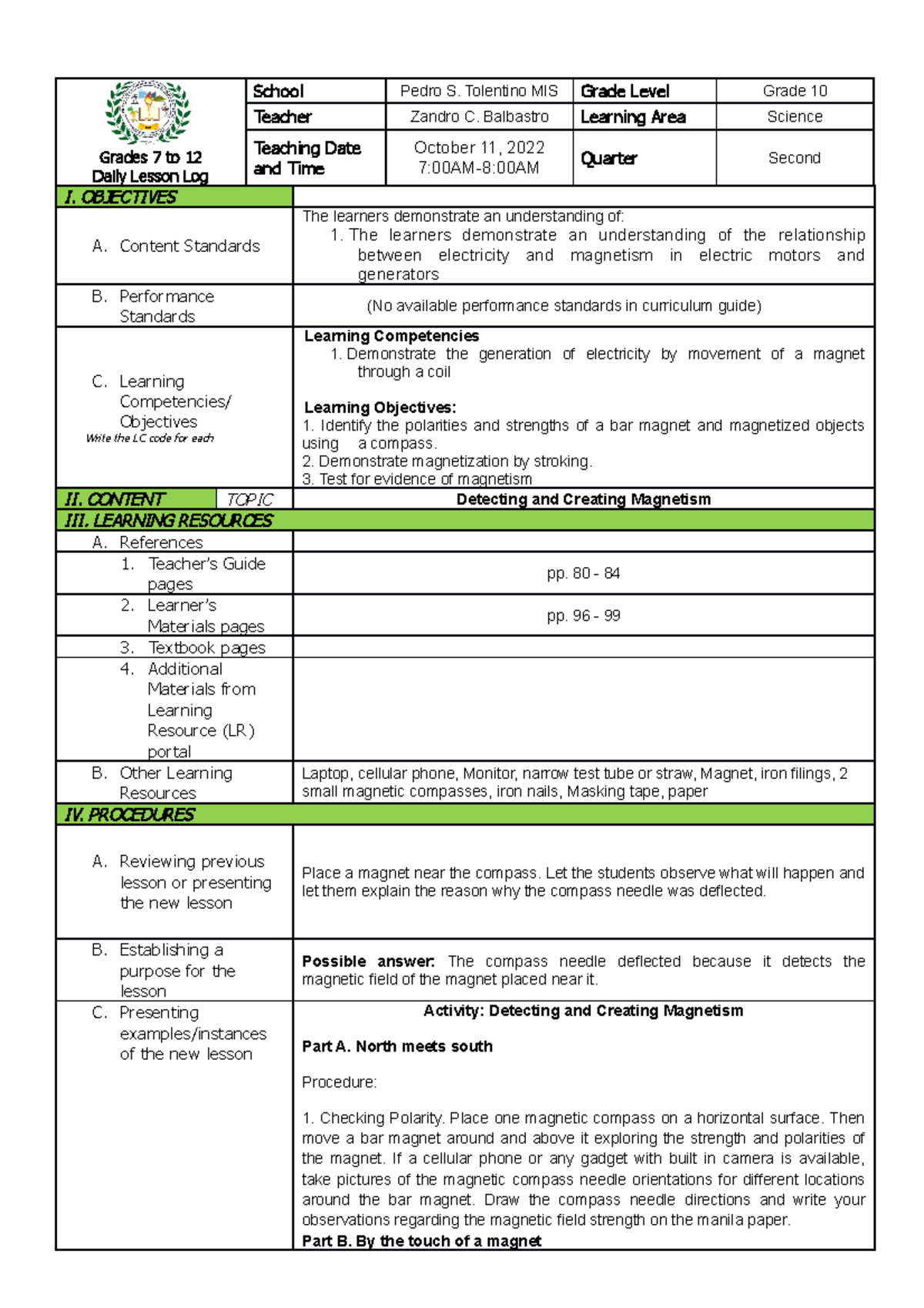 5 Detecting and Creating Magnetism - Grades 7 to 12 Daily Lesson Log ...