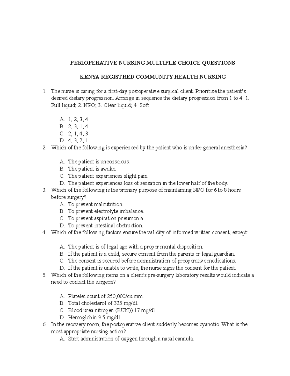 Perioperative MCQS - Multiple choice questions - PERIOPERATIVE NURSING ...