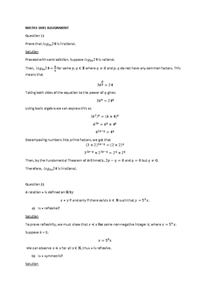 MATH1081 Assignment Final - MATH1081 Assignment Anon March 2023 T Questions 1. a) Prove that ...