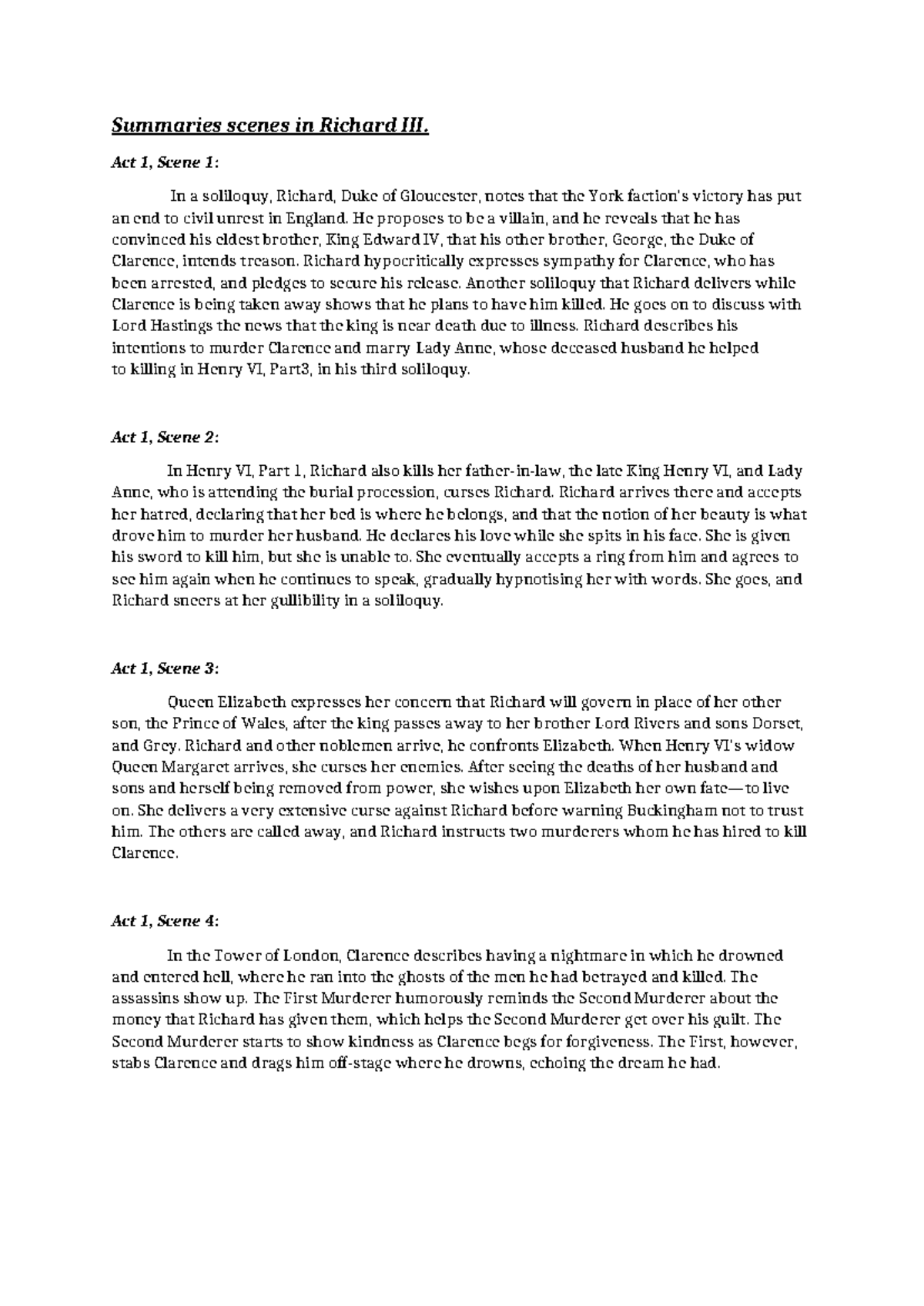 Scene Synopsis Richard 3rd - Summaries scenes in Richard III. Act 1 ...