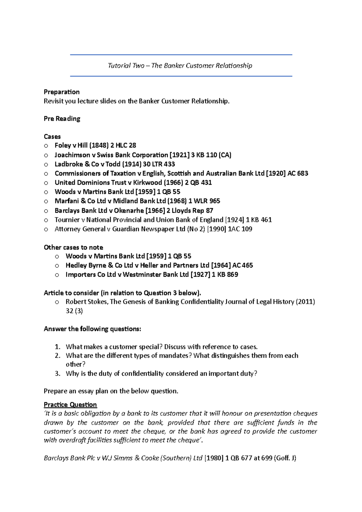 Banking Law - Tutorial Two - Tutorial Two – The Banker Customer ...
