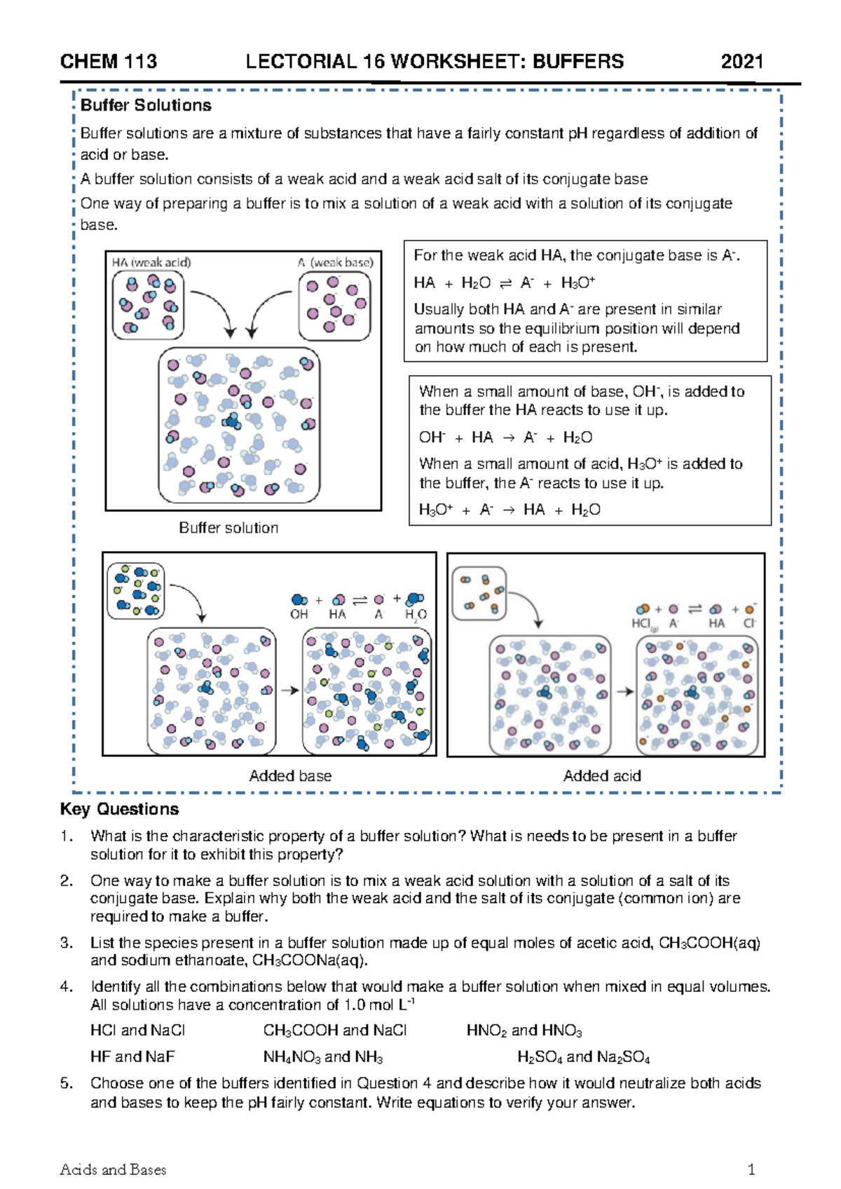 Lectorial Worksheet - Acids and Bases 1 CHEM 113 LECTORIAL 16 WORKSHEET: BUFFERS 2021 Buffer ...