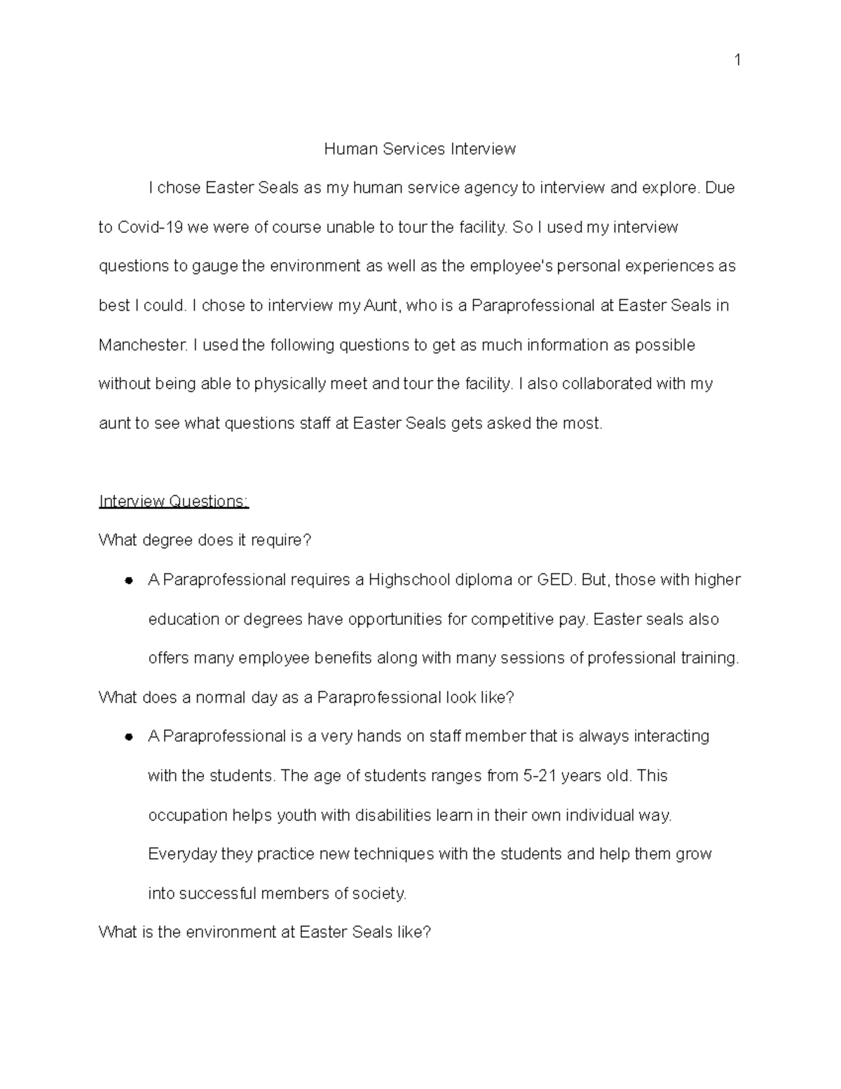 Hse interview - Human Services Interview I chose Easter Seals as my ...