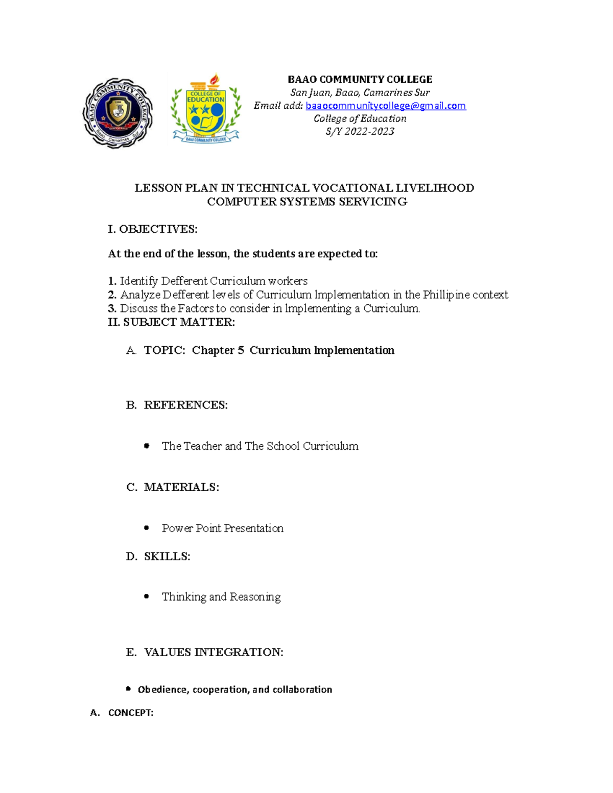 Lesson plan about curriculum implementation - BAAO COMMUNITY COLLEGE ...