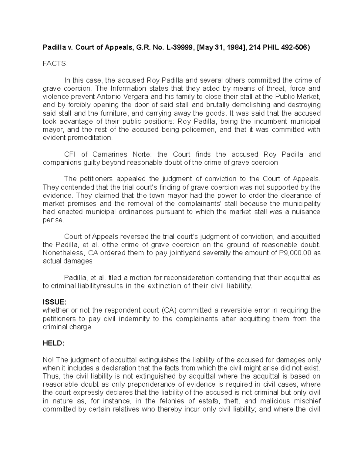 Cd draft - torts - Padilla v. Court of Appeals, G. No. L-39999, [May 31 ...