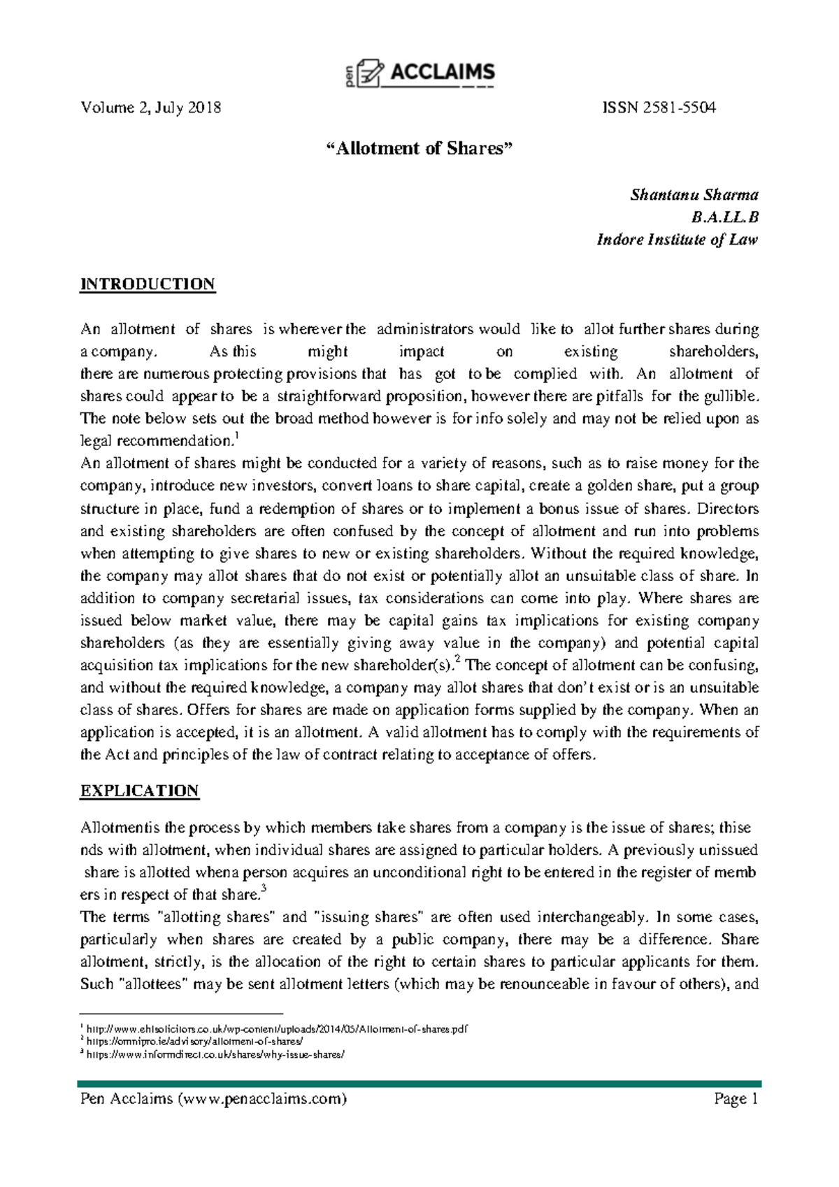 Application and allotment of shares - “Allotment of Shares” Shantanu ...