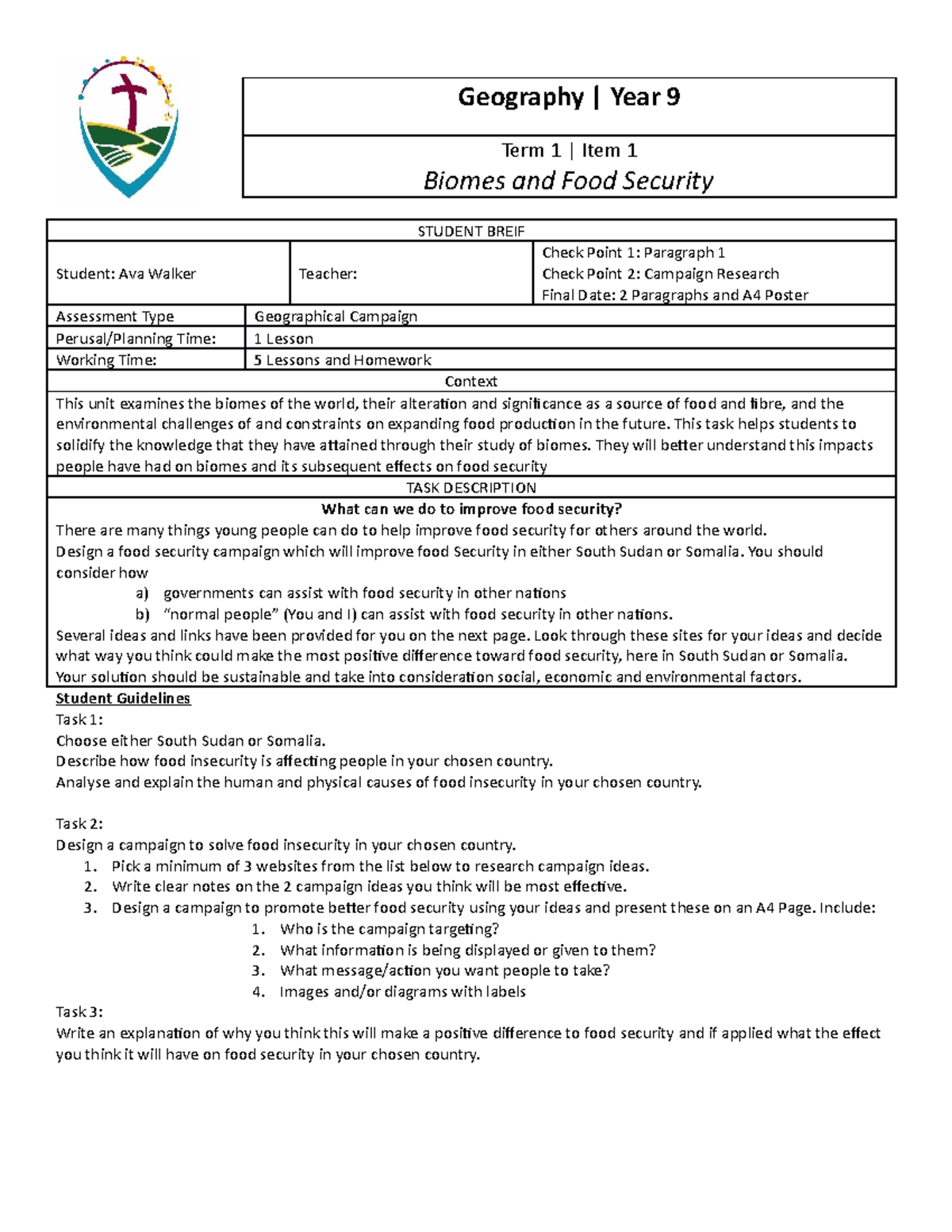 Term 1 Assessment Solving Food Insecurity - Geography | Year 9 Term 1 ...