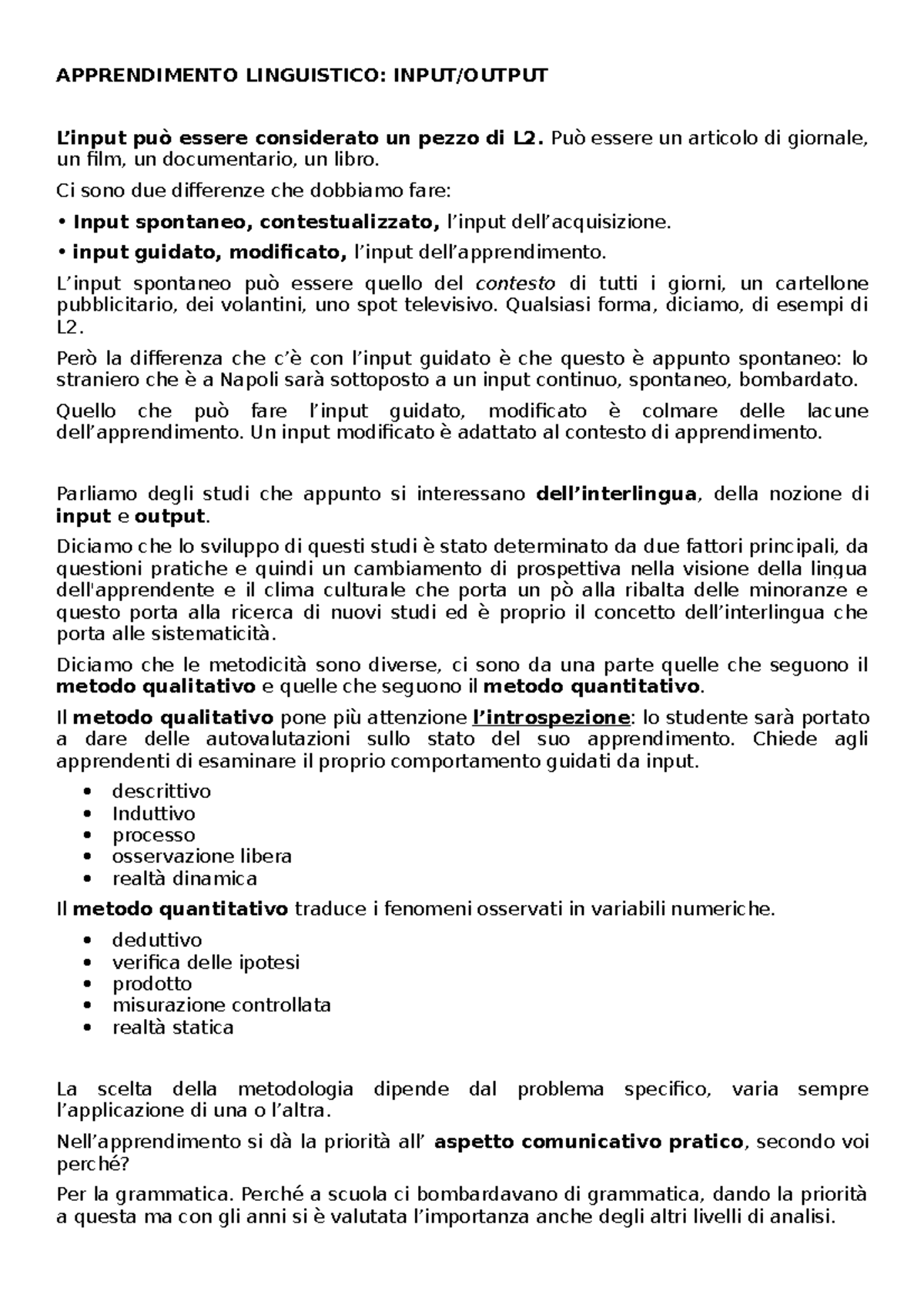 Esame Apprendimento Linguistico - APPRENDIMENTO LINGUISTICO: INPUT ...