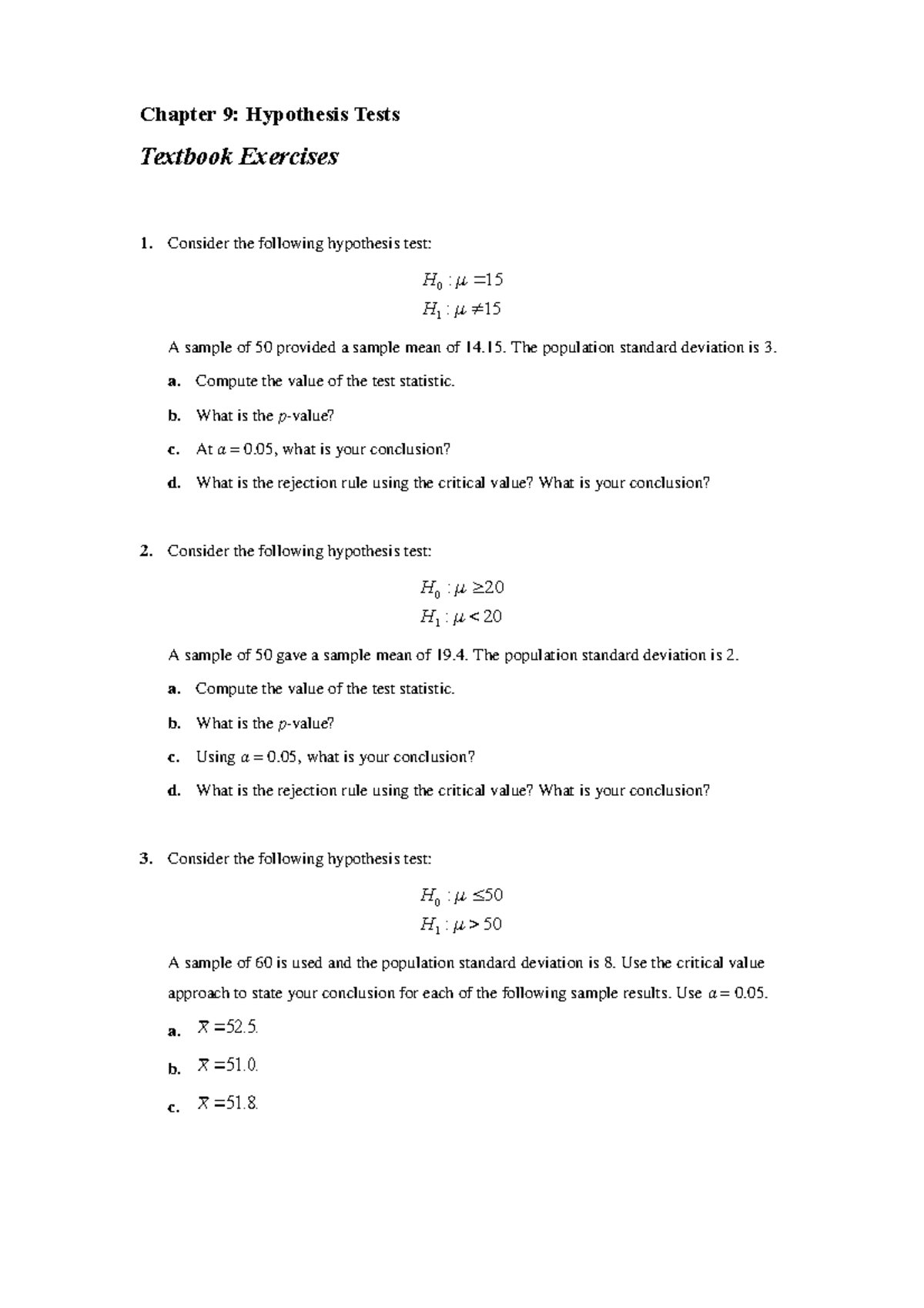 Ch9Exercises&Solutions - Chapter 9: Hypothesis Tests Textbook Exercises ...