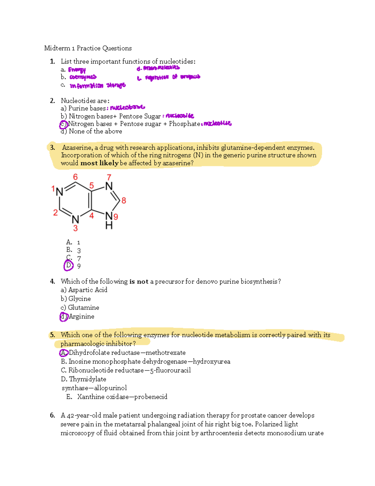 BB 492: Practice Midterm 1 - Midterm 1 Practice Questions 1. List three ...