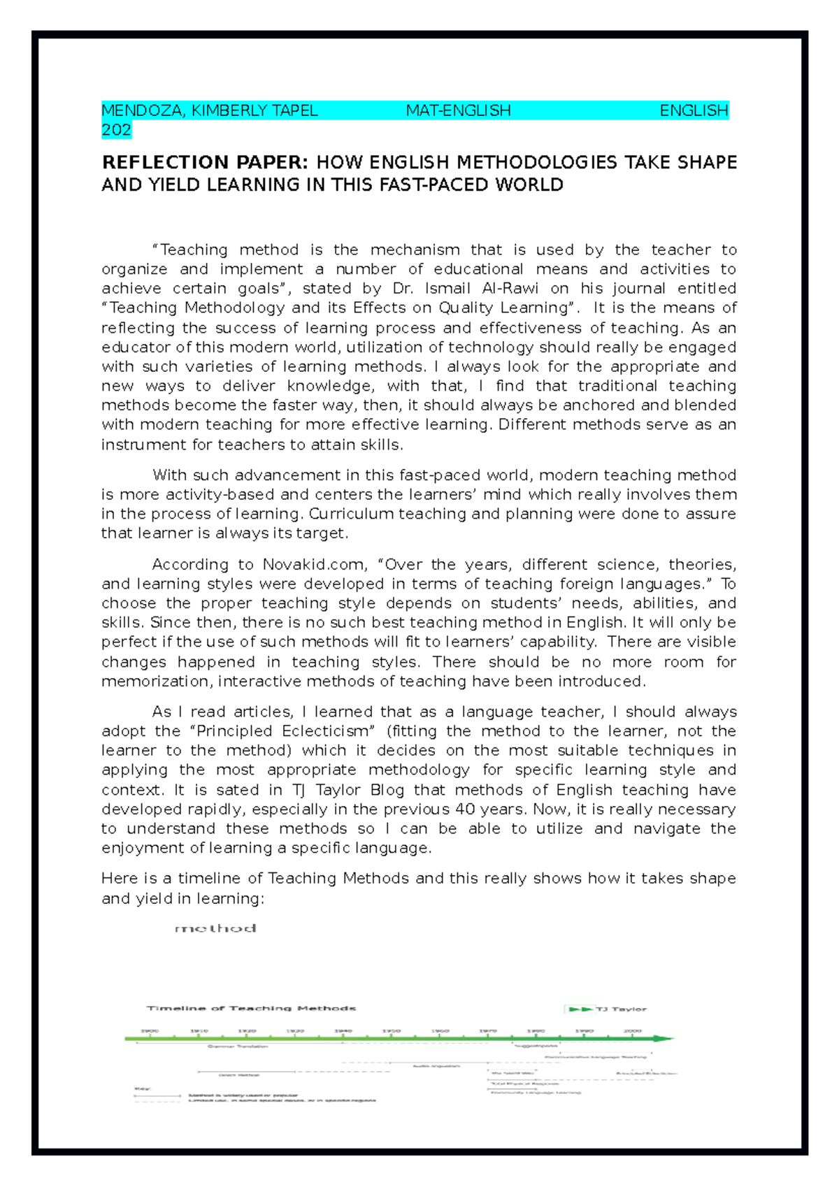 Mendoza Reflection Paper Teaching Methodologies ENG202 - MENDOZA ...
