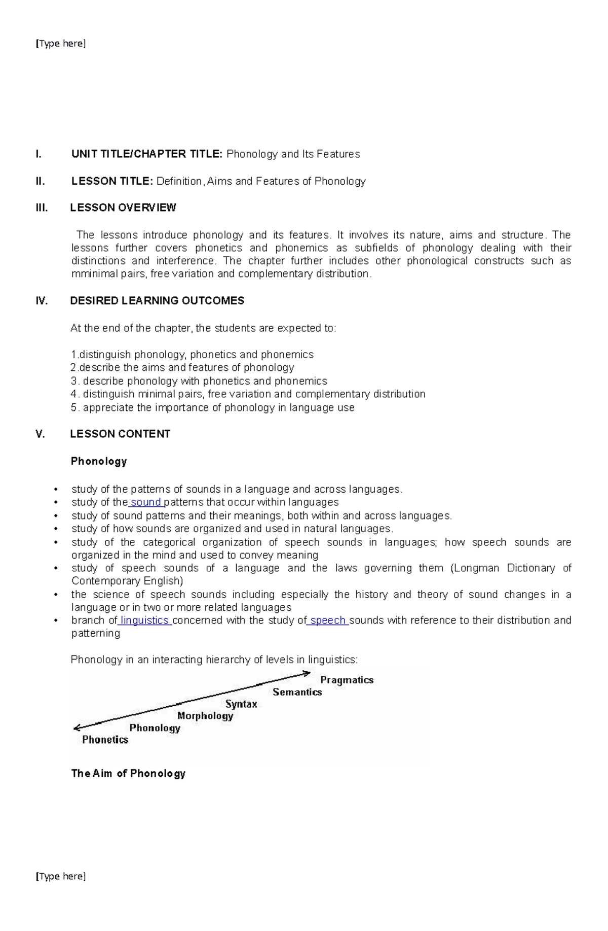 Lesson 1 Phonology and Morphology - I. UNIT TITLE/CHAPTER TITLE ...