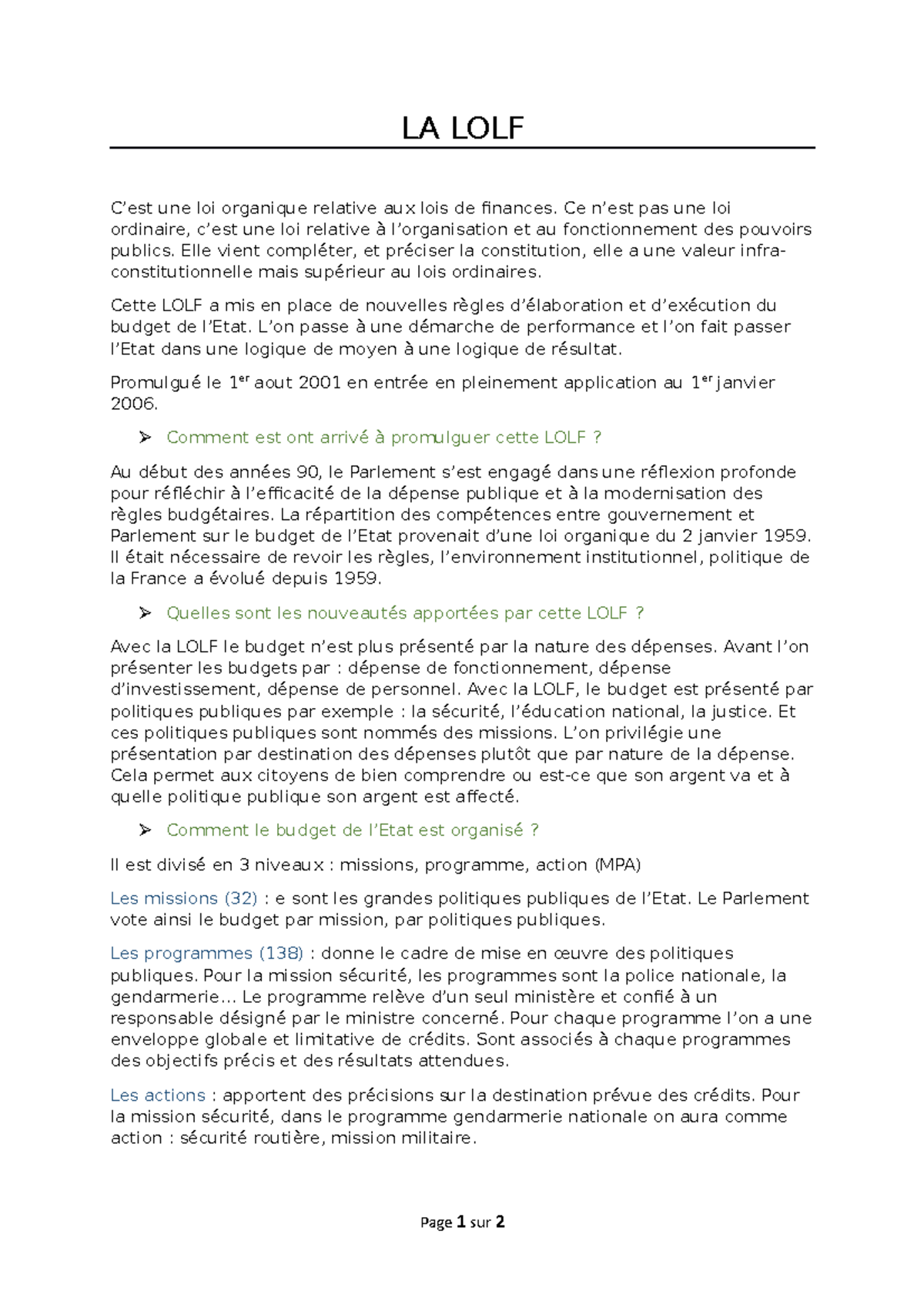 Fiche LOLF - Résumé de la lolf - LA LOLF C’est une loi organique ...