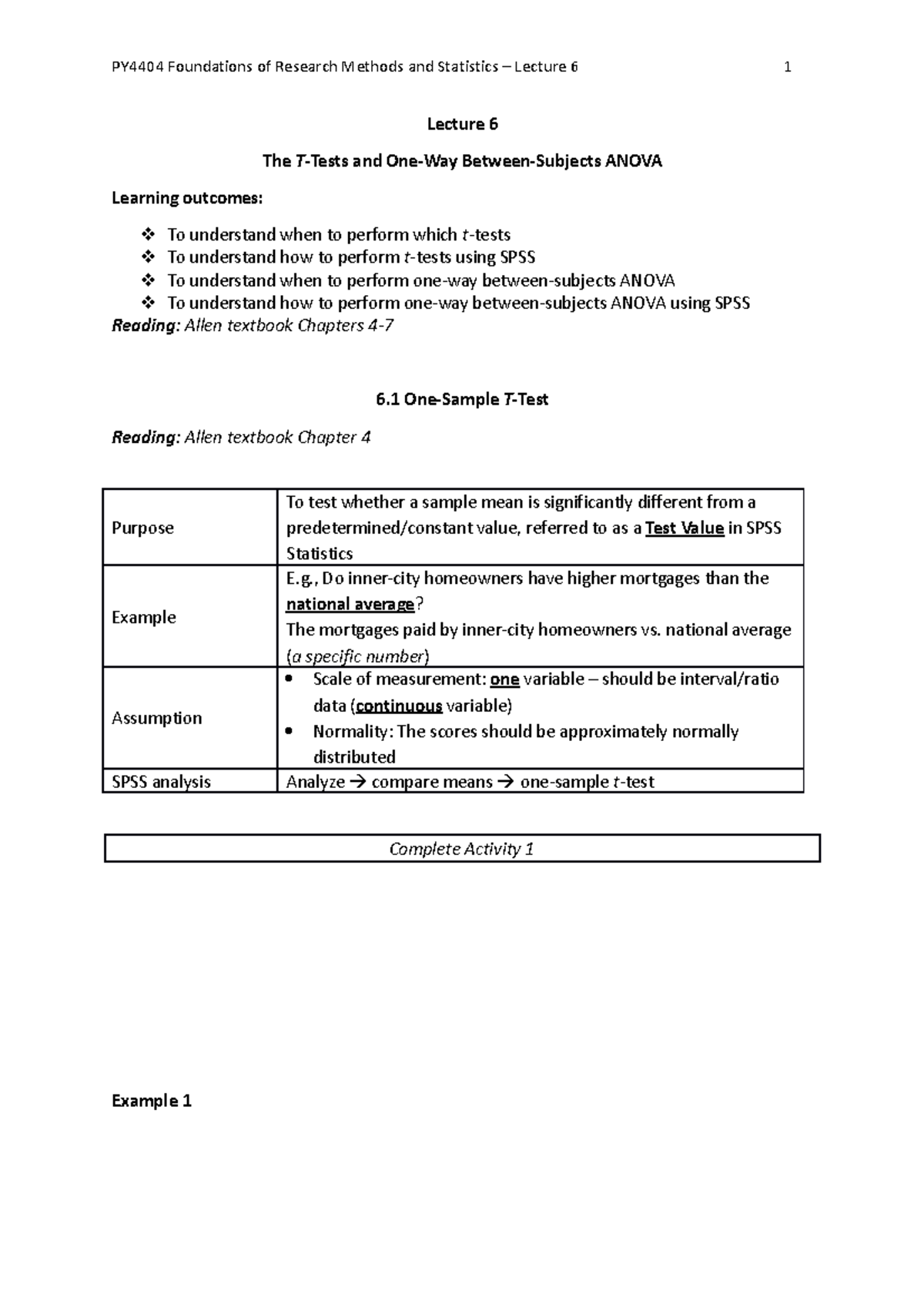 Week 6 - Critical Thinking in Psychology - Lecture 6 The T-Tests and ...