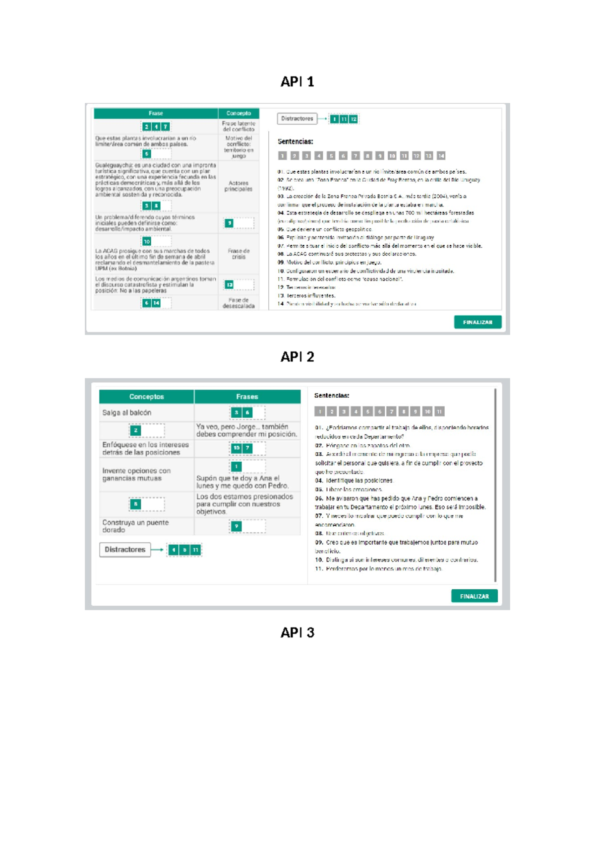 Med. y Arb. Todas las APIs 100% - API 1 Frase Concepto Distractores 1 11 12 Frase latente 2 del ...