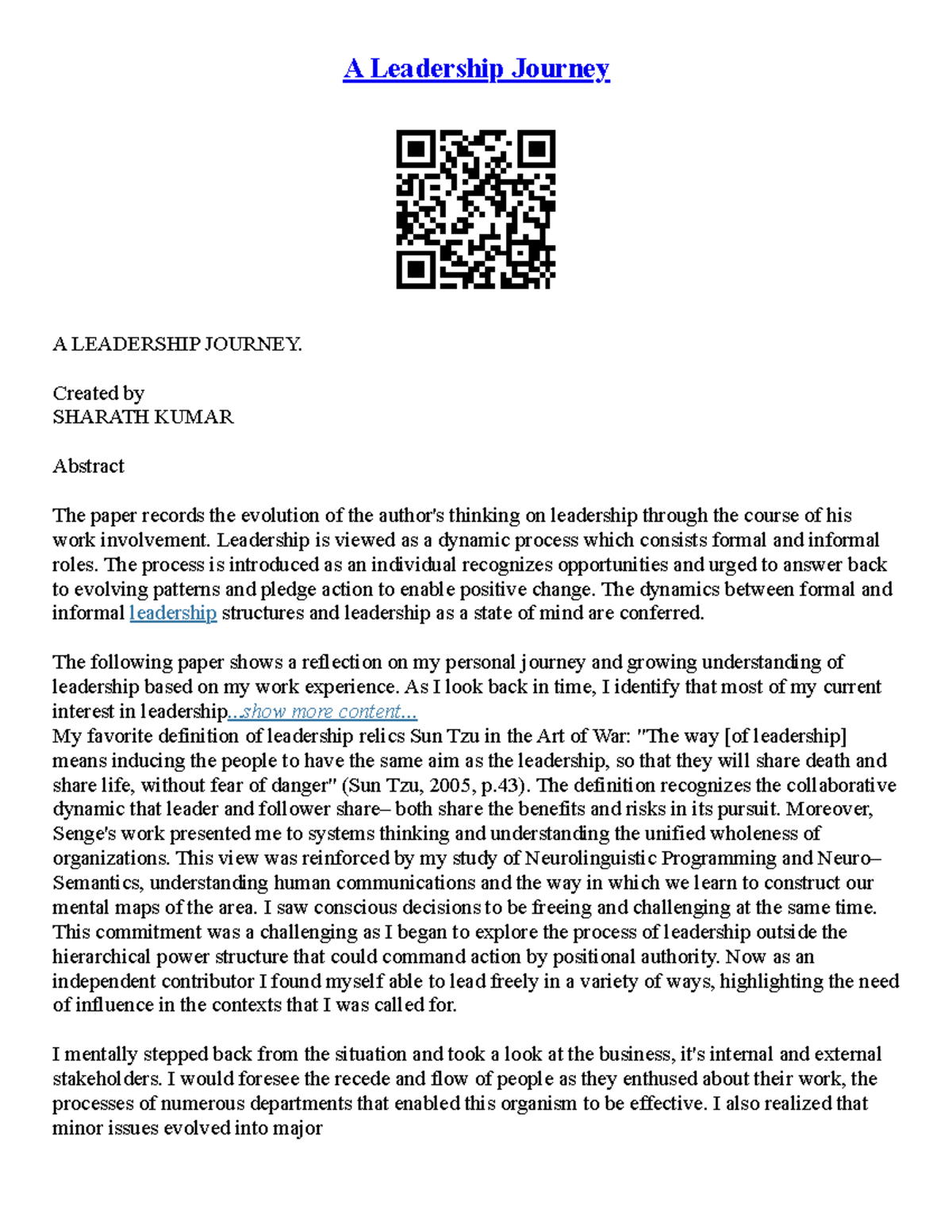 Sample Essay Leadership - A Leadership Journey A LEADERSHIP JOURNEY ...