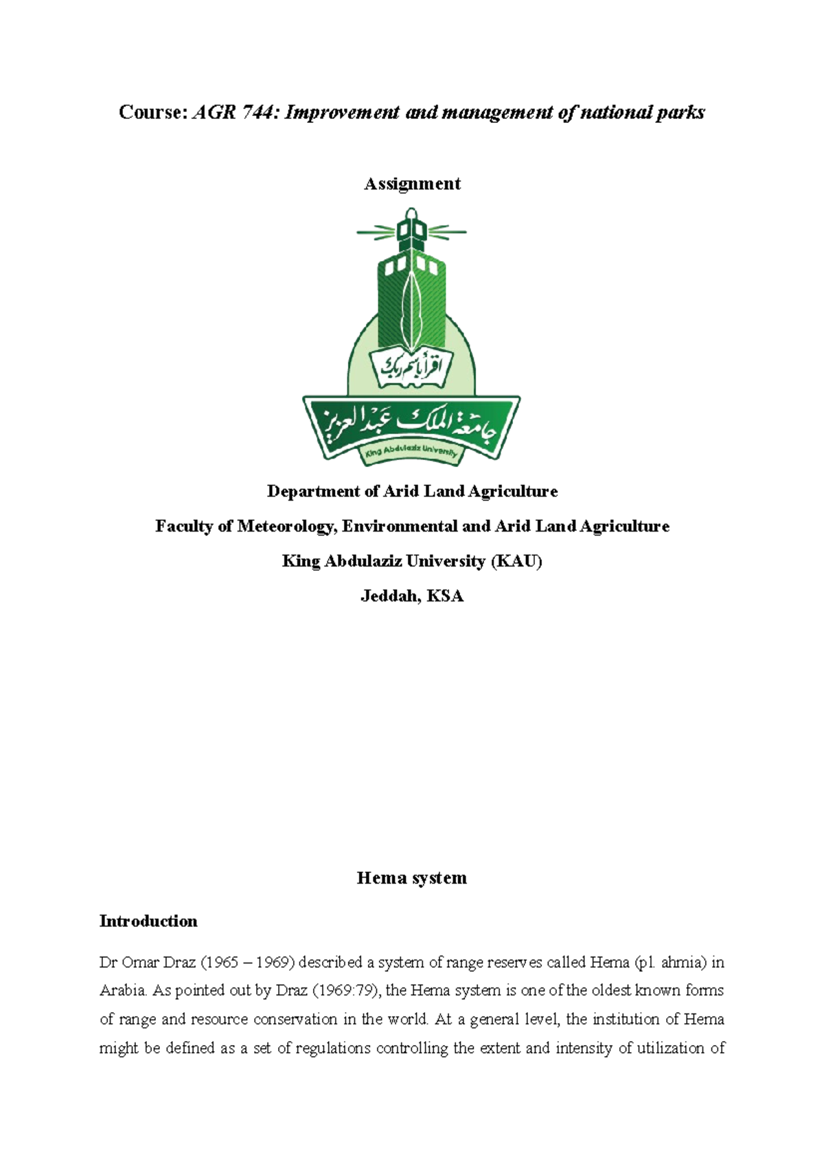 AGR 744 Improvement and management of national parks - ahmia) in Arabia ...