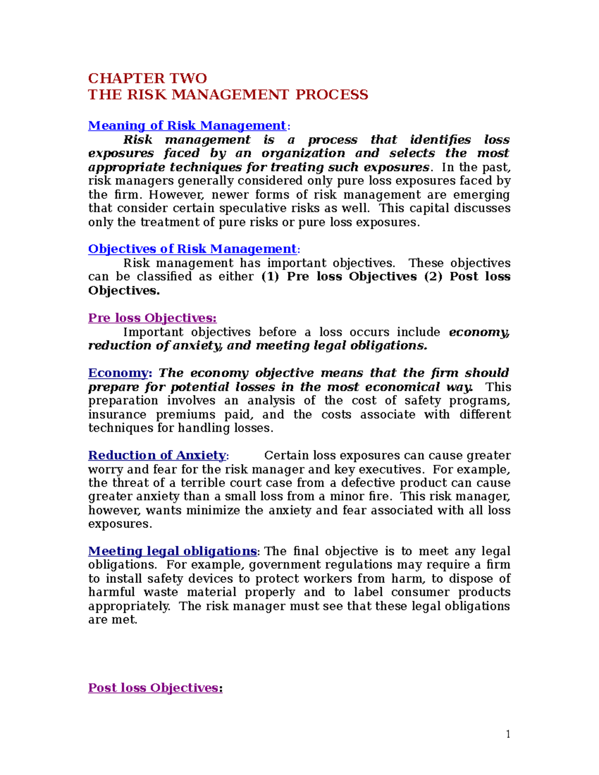 CHAP 2 Risk Magt Pro - Risk management and insurance - CHAPTER TWO THE ...