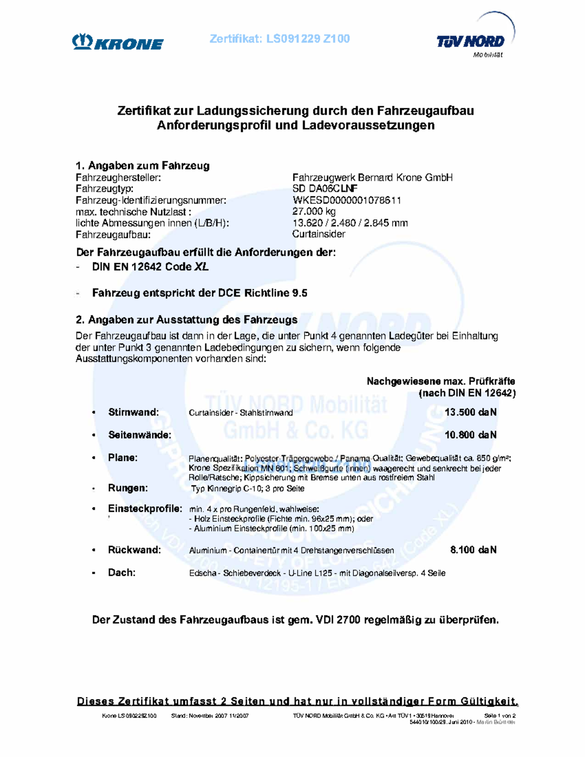 Xl krone - ©KRONE Zertifikat: LS091229 2100 TuVNORD Zertifikat zur ...