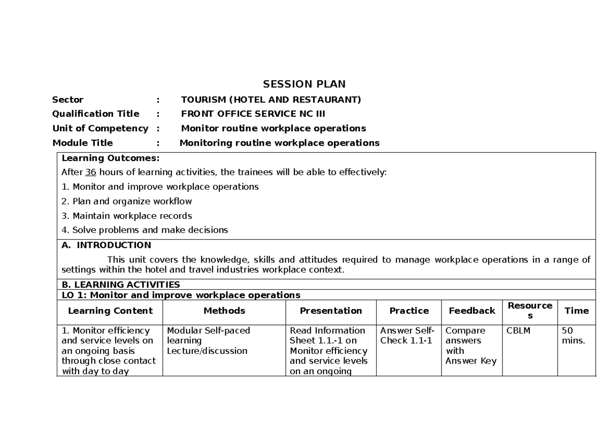 Session-Plan- Galao - SESSION PLAN Sector : TOURISM (HOTEL AND ...