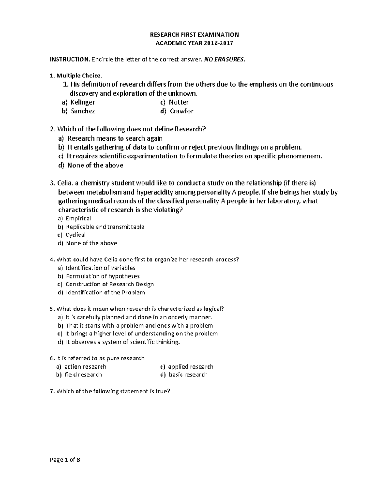 EXAM First SEM - RESEARCH SUBJECT EXAM QUESTIONNAIRE - RESEARCH FIRST ...