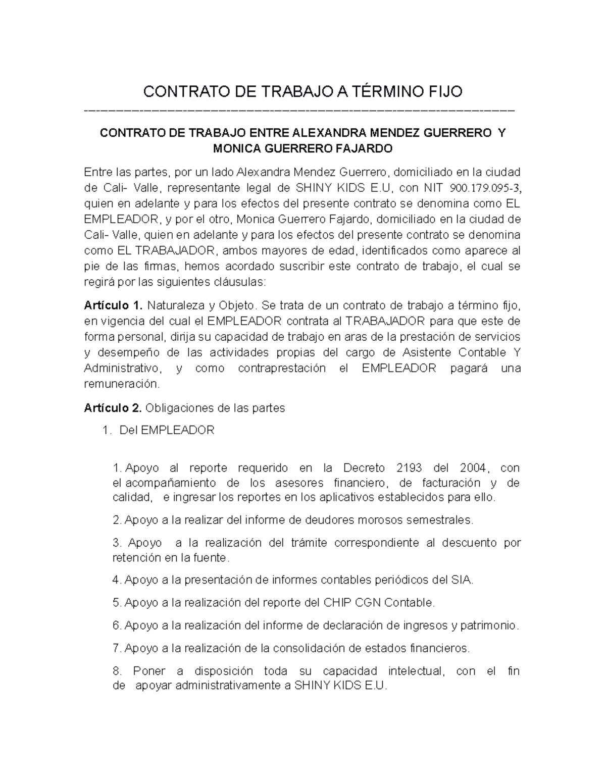 Contrato de trabajo a término fijo - Laboral - CONTRATO DE TRABAJO A ...