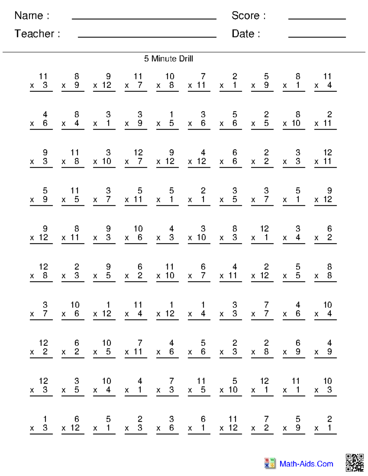 Multi 5min - yr5 - Name : Teacher : Date : Score : Math-Aids 5 Minute ...