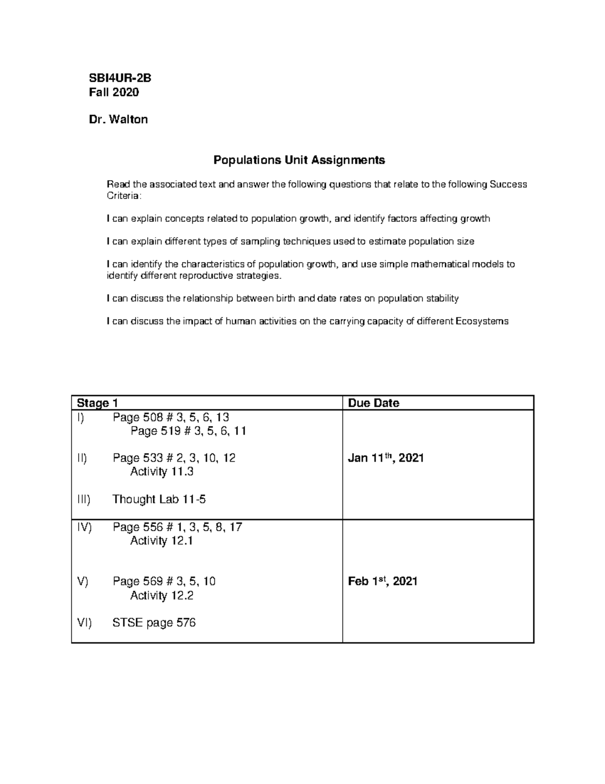 Populations Unit Assignments - SBI4UR-2B Fall 2020 Dr. Walton ...