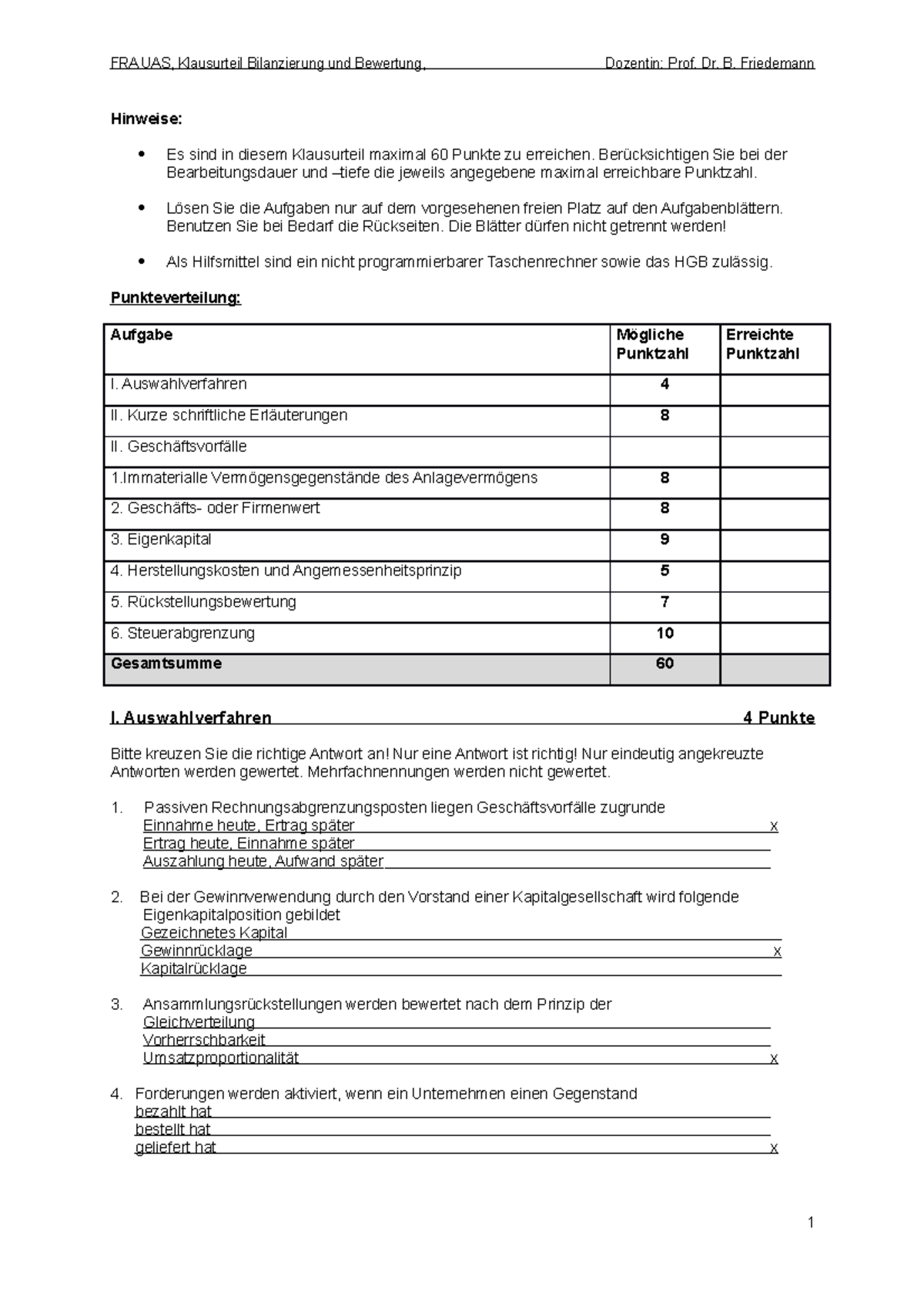 Probeklausur Wintersemester 2015/2016, Fragen und Antworten - FRA UAS, Klausurteil Bilanzierung ...