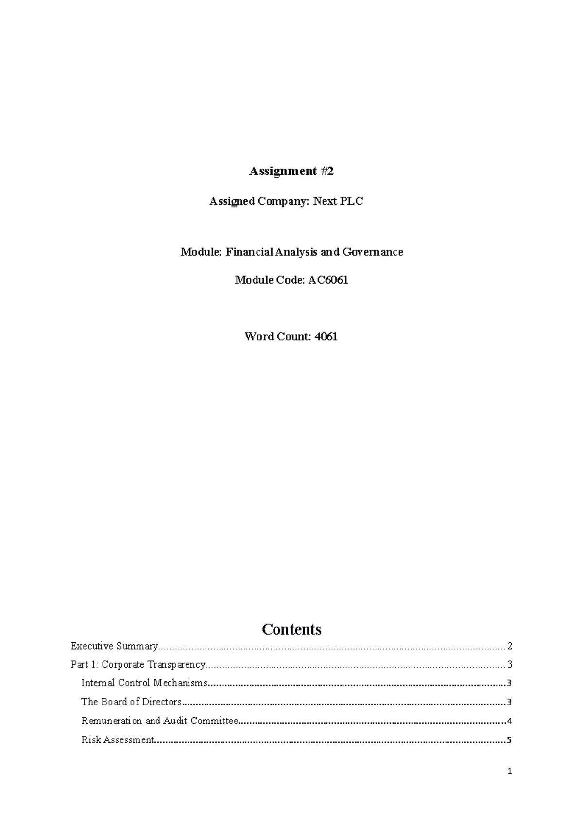 Analysis of Next PLC - Assignment Assigned Company: Next PLC Module ...