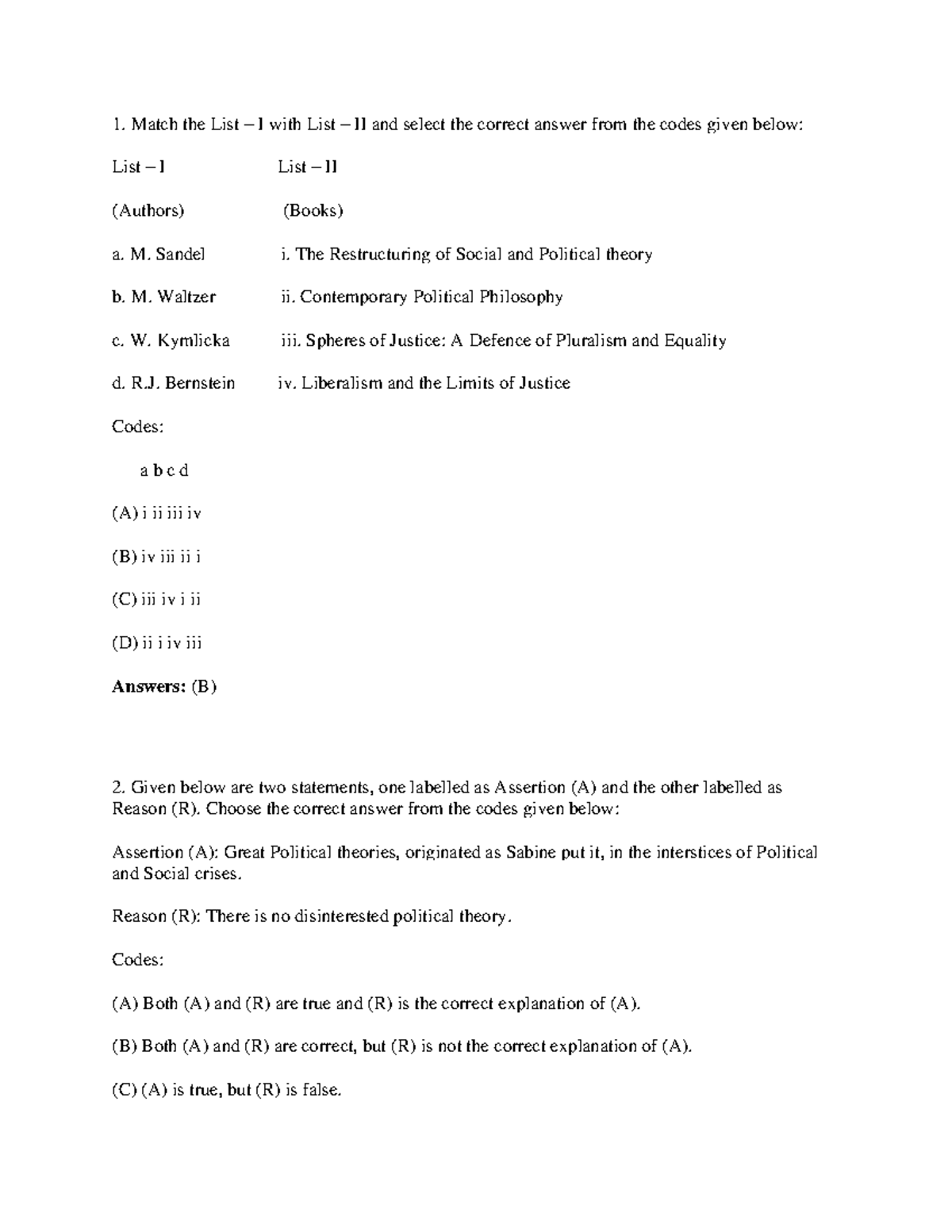 Political part 2 - Match the List – I with List – II and select the ...