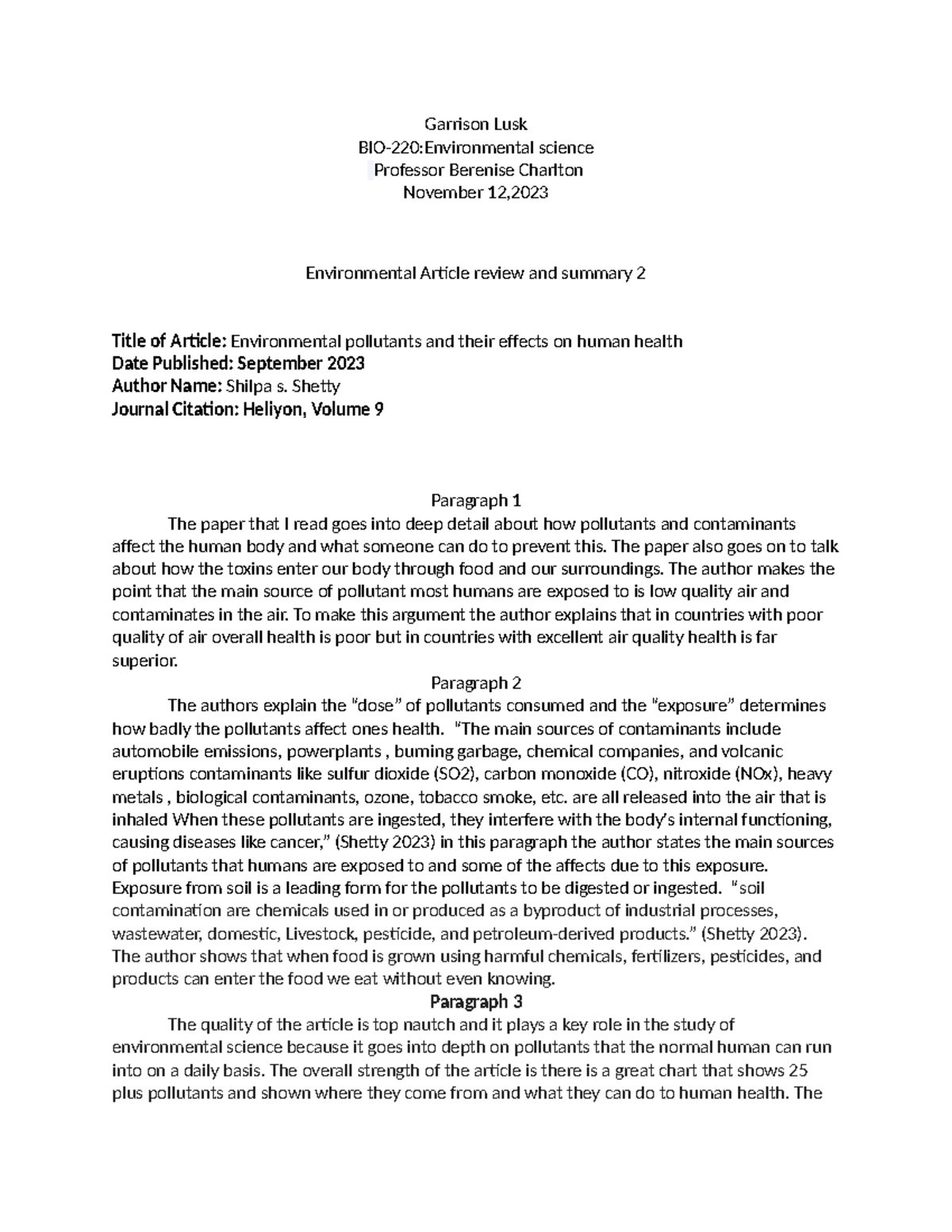 Environmental Article review and summary 2 - Shetty Journal Citation ...