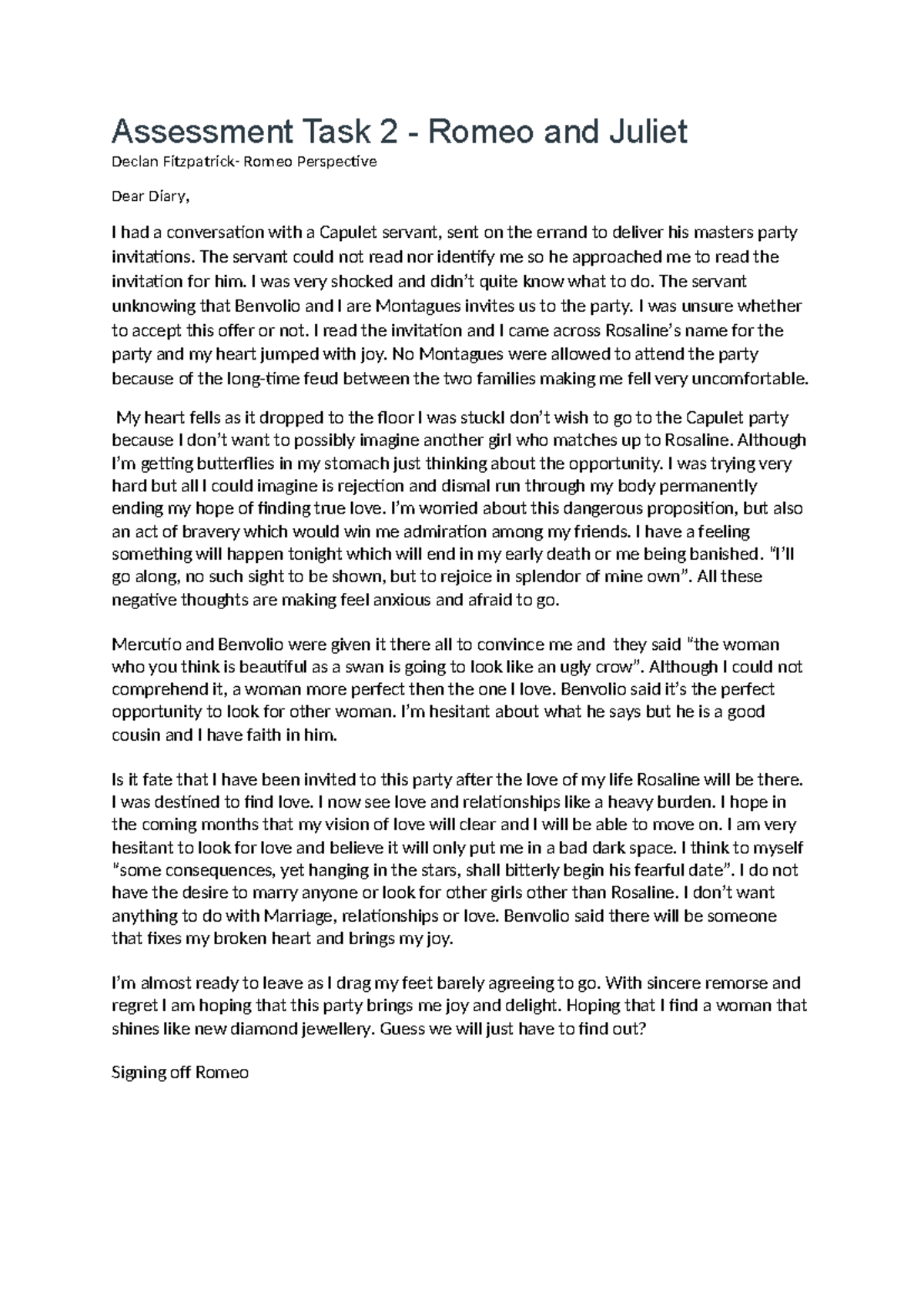 Assessment Task 2 Romeo and Juliet - Assessment Task 2 - Romeo and ...