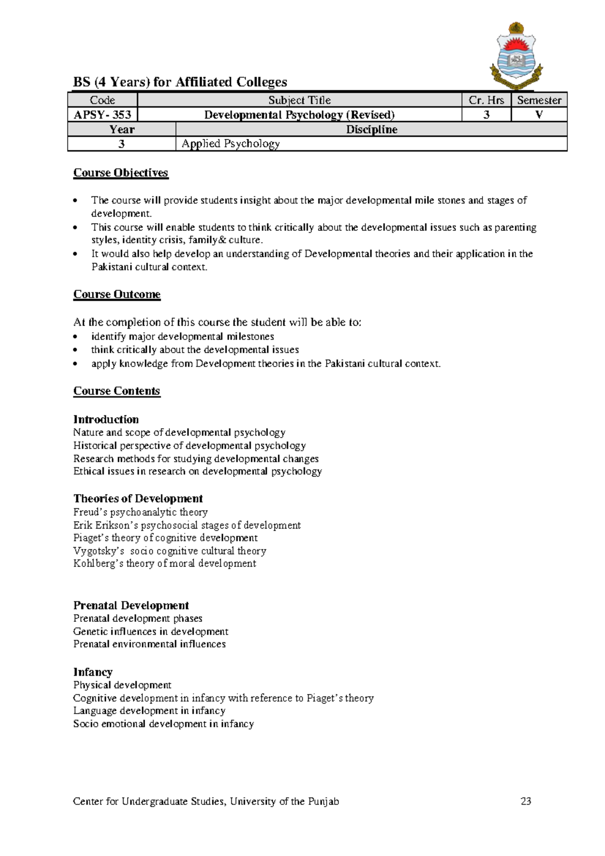 Developmental psy 353 - Center for Undergraduate Studies, University of ...