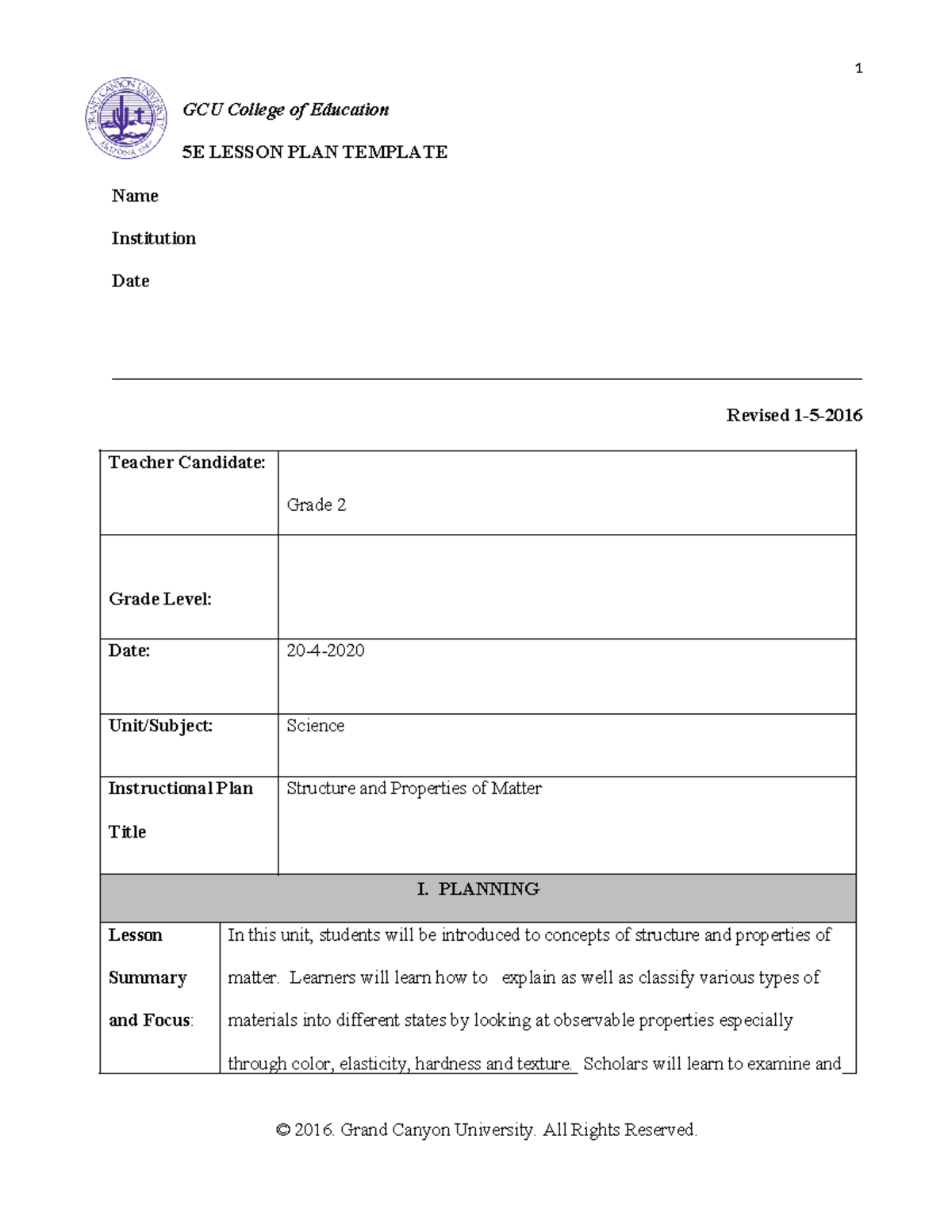 5ELesson Plan Template - GCU College of Education 5E LESSON PLAN ...