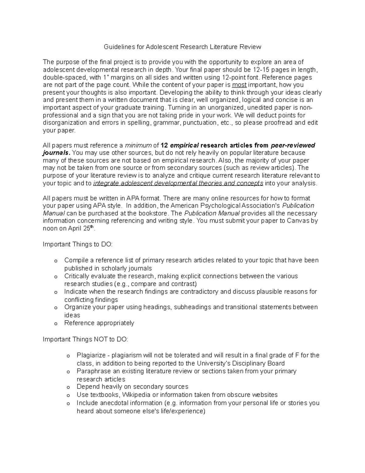 EDUC 561 Guidelines for Adolescent Research Literature Review ...